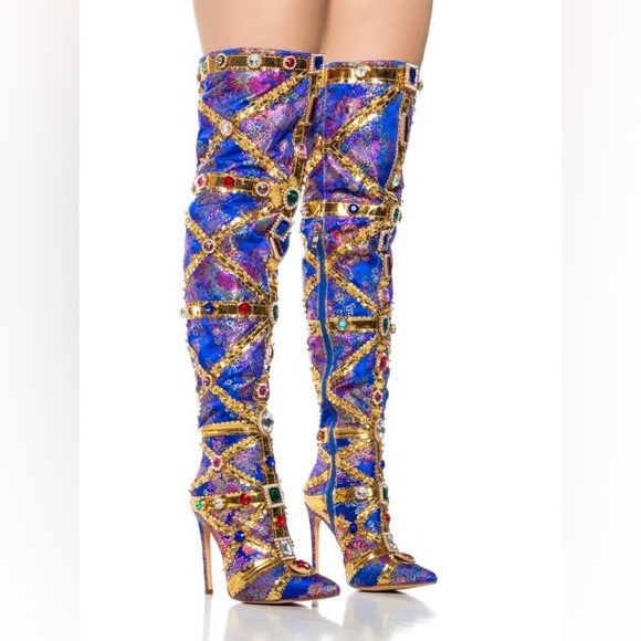 Azalea Wang | Shoes | Berkley Gem Embellished Thigh High Brocade Boot ...